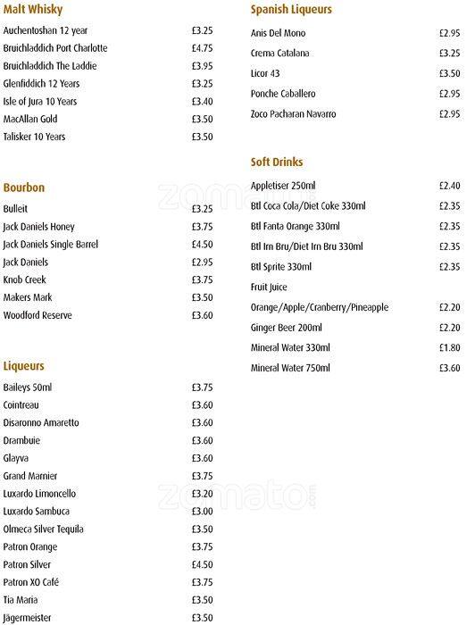 Menu at Barca, Glasgow