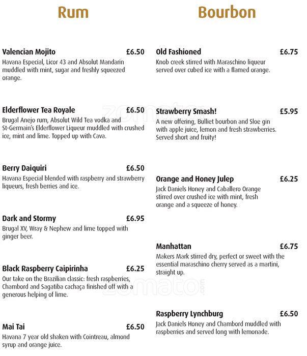 Menu at Barca, Glasgow