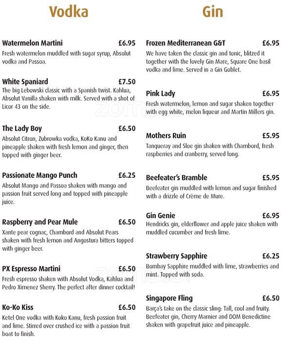 Menu at Barca, Glasgow