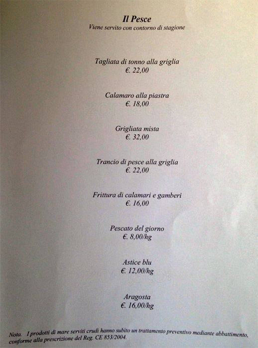 Menu at Senza Spine restaurant, Rome