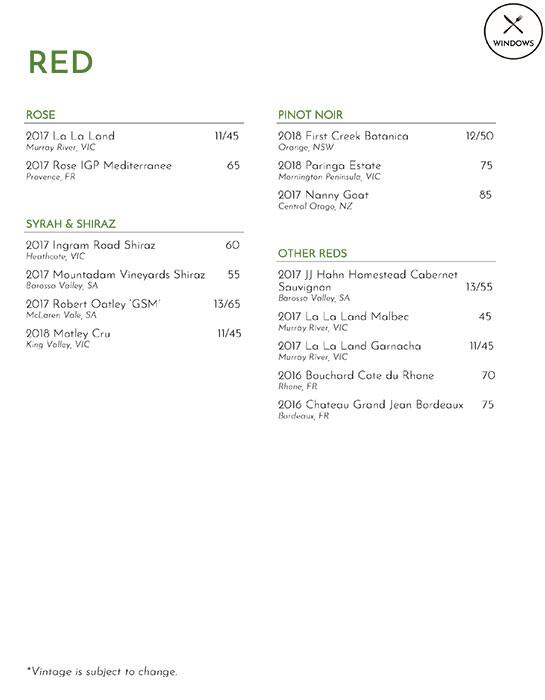 Menu at WINDOWS RESTAURANT, Melbourne