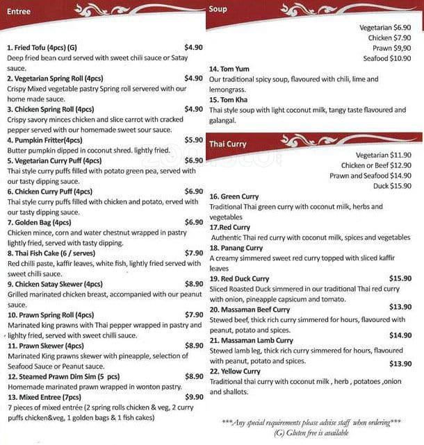 Menu at Scoresby Thai restaurant, Scoresby