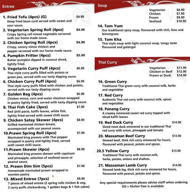 Menu at Scoresby Thai restaurant, Scoresby