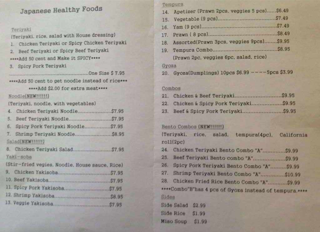 Menu at Mr Teriyaki & Miss Sushi restaurant, Ladysmith