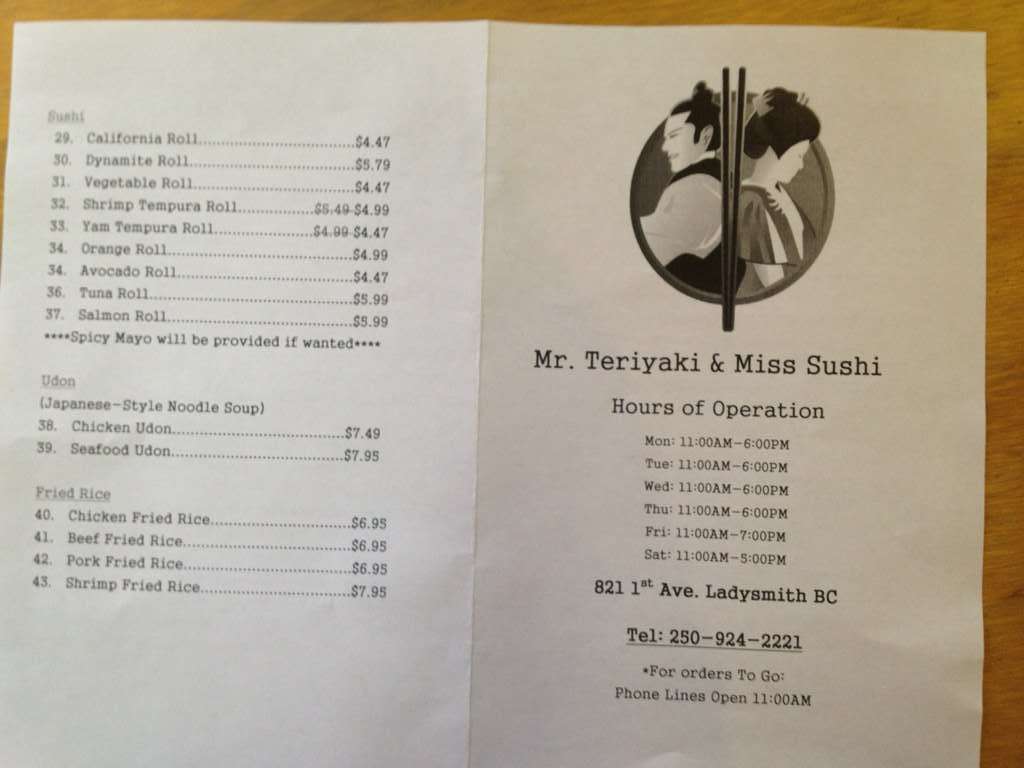 Menu at Mr Teriyaki & Miss Sushi restaurant, Ladysmith