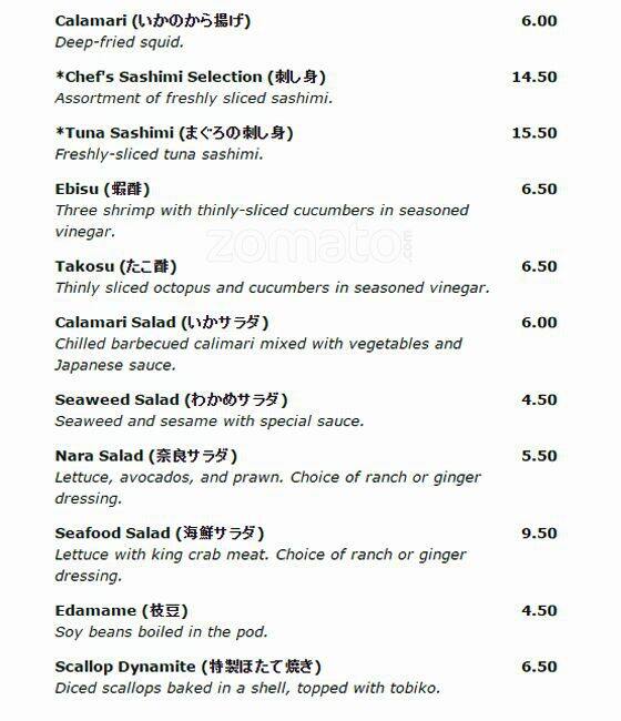 Menu at Nara Japanese Restaurant, Redmond