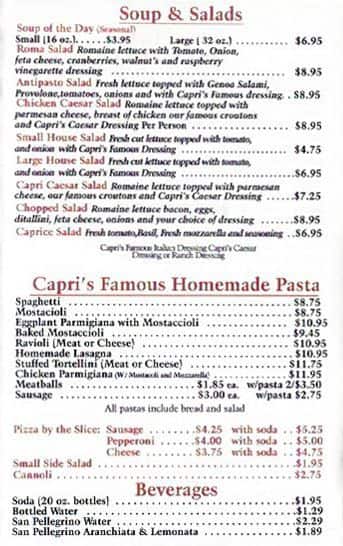 Menu at Capri Deli pizzeria, Palatine