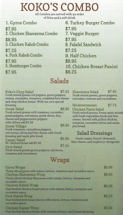 Menu at Koko's Mediterranean Grille restaurant, Chicago