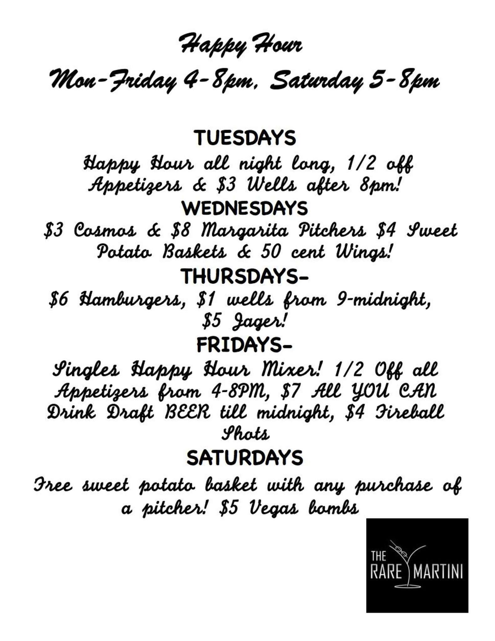 Menu at Rare Martini pub & bar, Birmingham