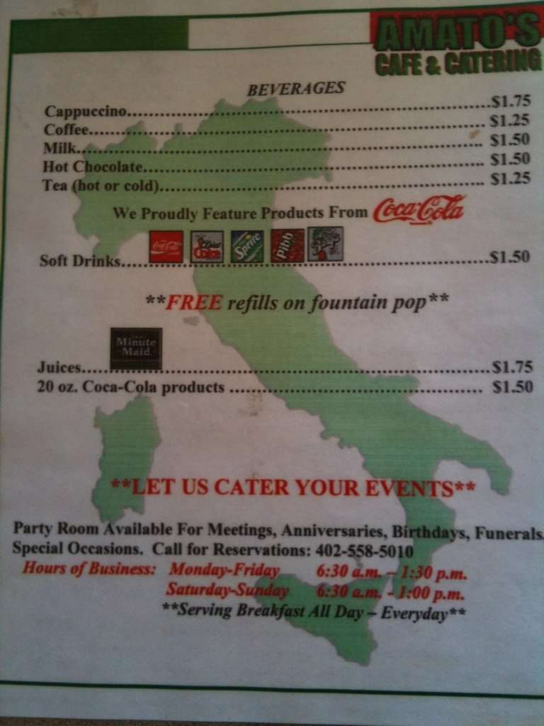Menu at Amato's Cafe & Catering, Omaha