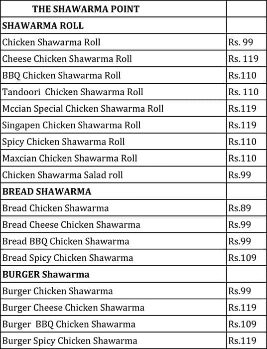 Menu of The Shawarma Point, Tambaram, Chennai