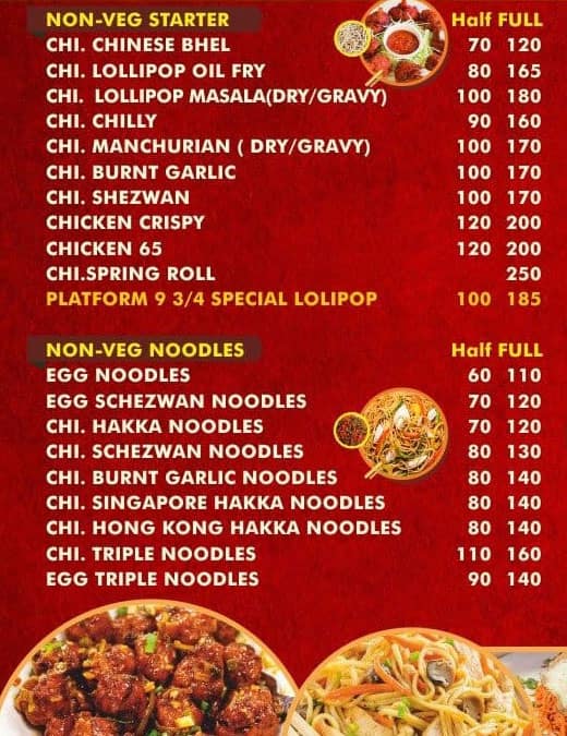 Menu of Platform 9¾, Lower Parel, Mumbai