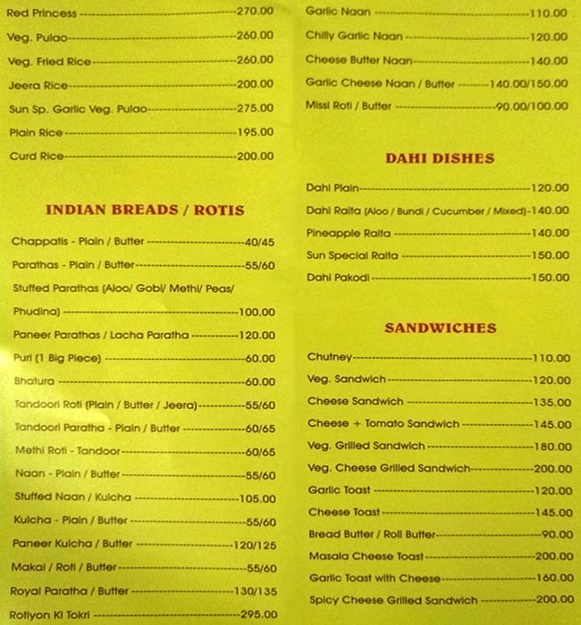 Menu at Sun Restaurant, Mumbai, Beach View