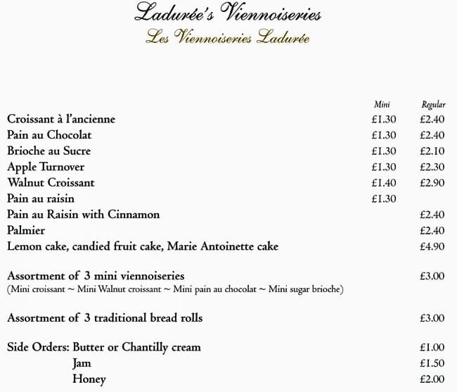 Menu at Ladurée cafe, London, 1 The Market
