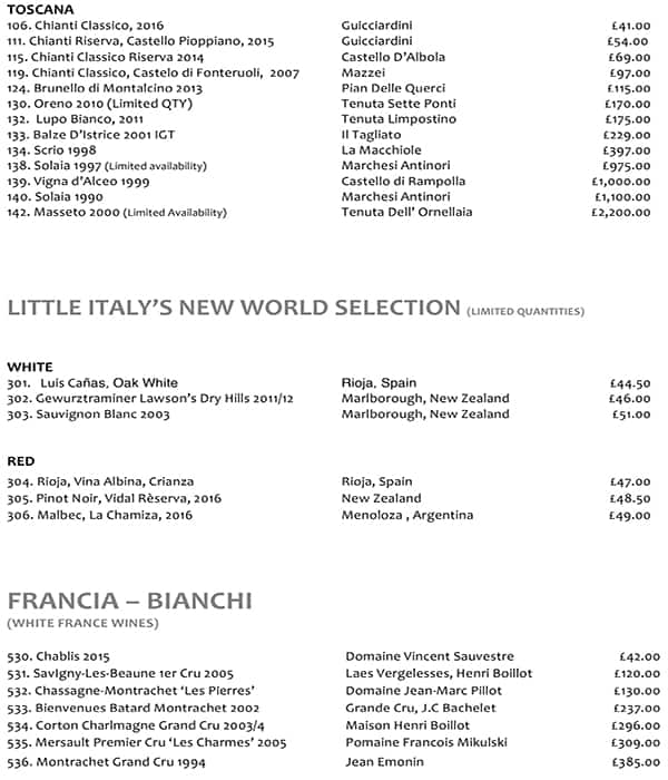 Menu at Bar Italia, London, 22 Frith St
