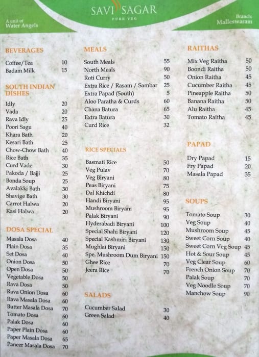 Menu of Savi Sagar, Seshadripuram, Bangalore