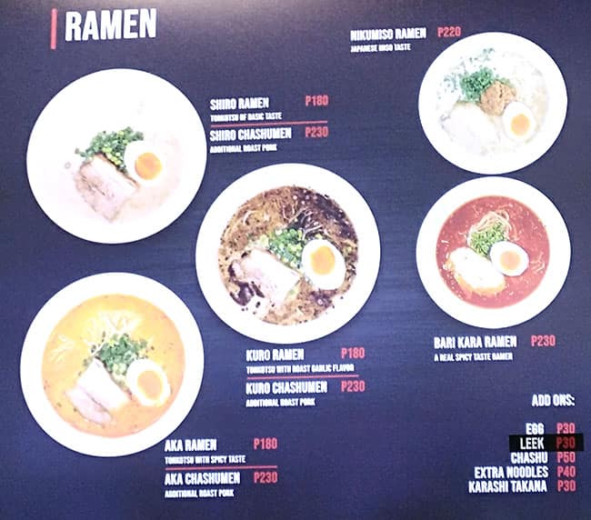 Menu at Ramen Kuroda restaurant, Makati, 6819 Ayala Ave
