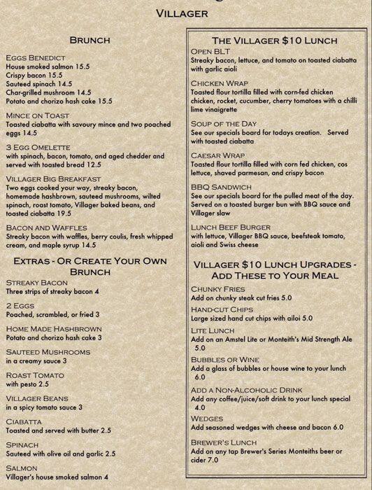 Menu at Villager pub & bar, Auckland, Upland Rd