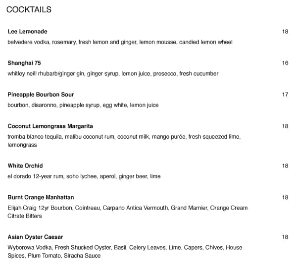 Menu at Lee restaurant, Toronto