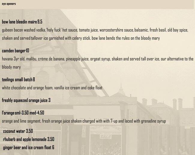 Menu at Bow Lane Social Club, Dublin