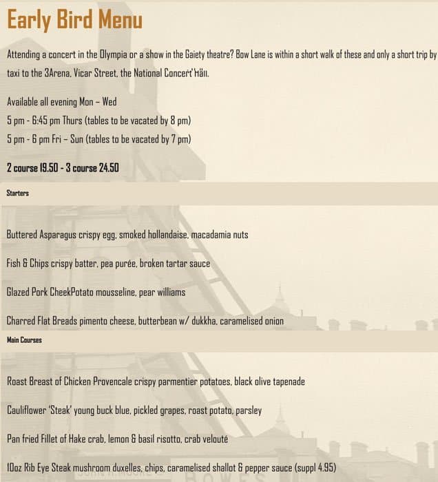 Menu at Bow Lane Social Club, Dublin