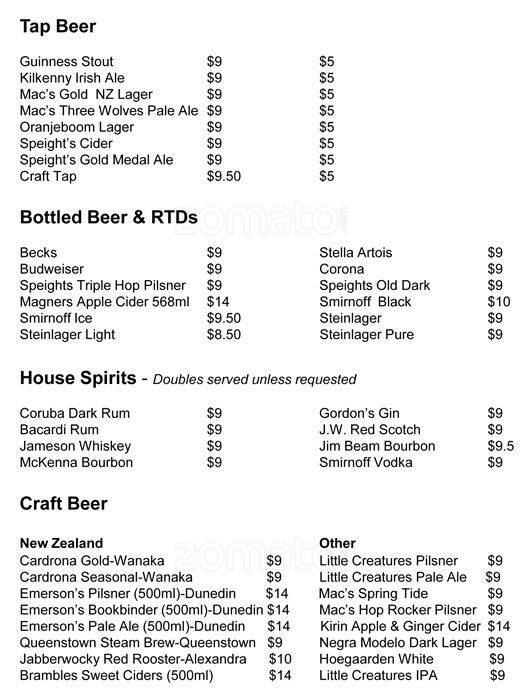 Menu at Pog Mahones Irish Pub & Restaurant, Queenstown