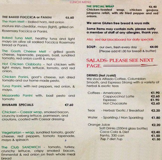 Menu at Rhubarb Cafe Deli, Dublin, 1 Pembroke Street Lower