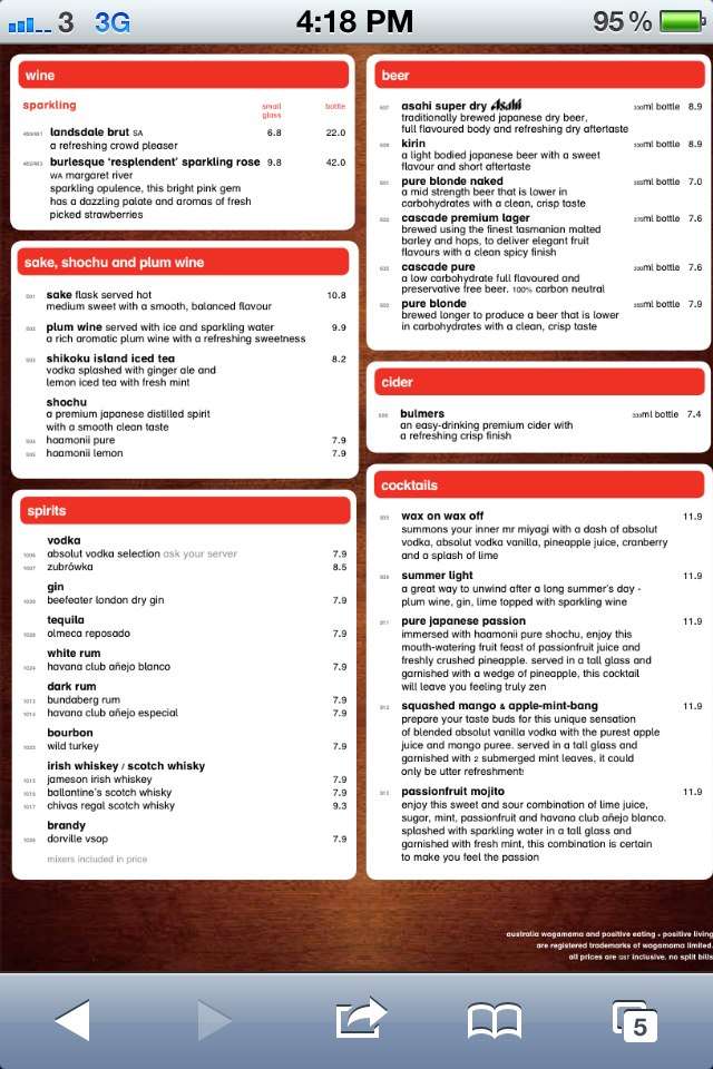 Menu at Wagamama restaurant, Carindale, Creek Rd