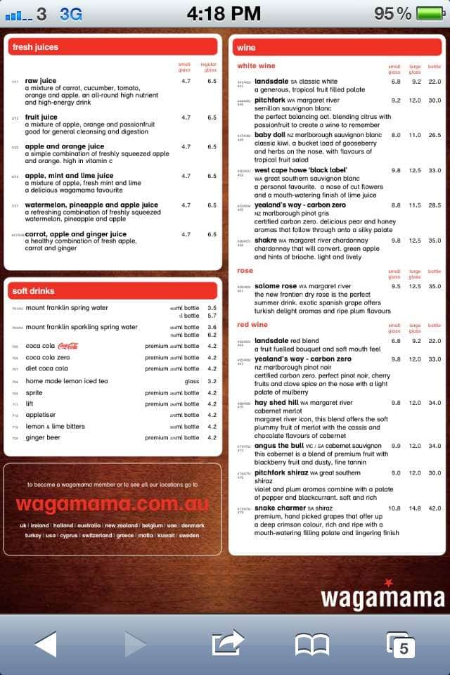 Menu at Wagamama restaurant, Carindale, Creek Rd