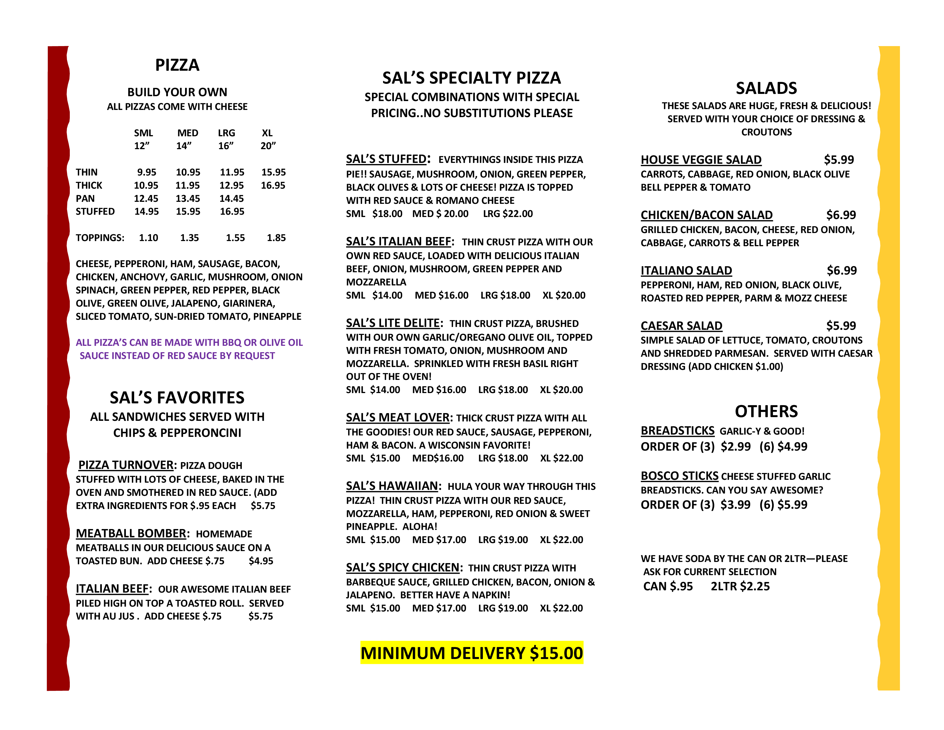 Menu at Sal's Pizza pizzeria, Kenosha