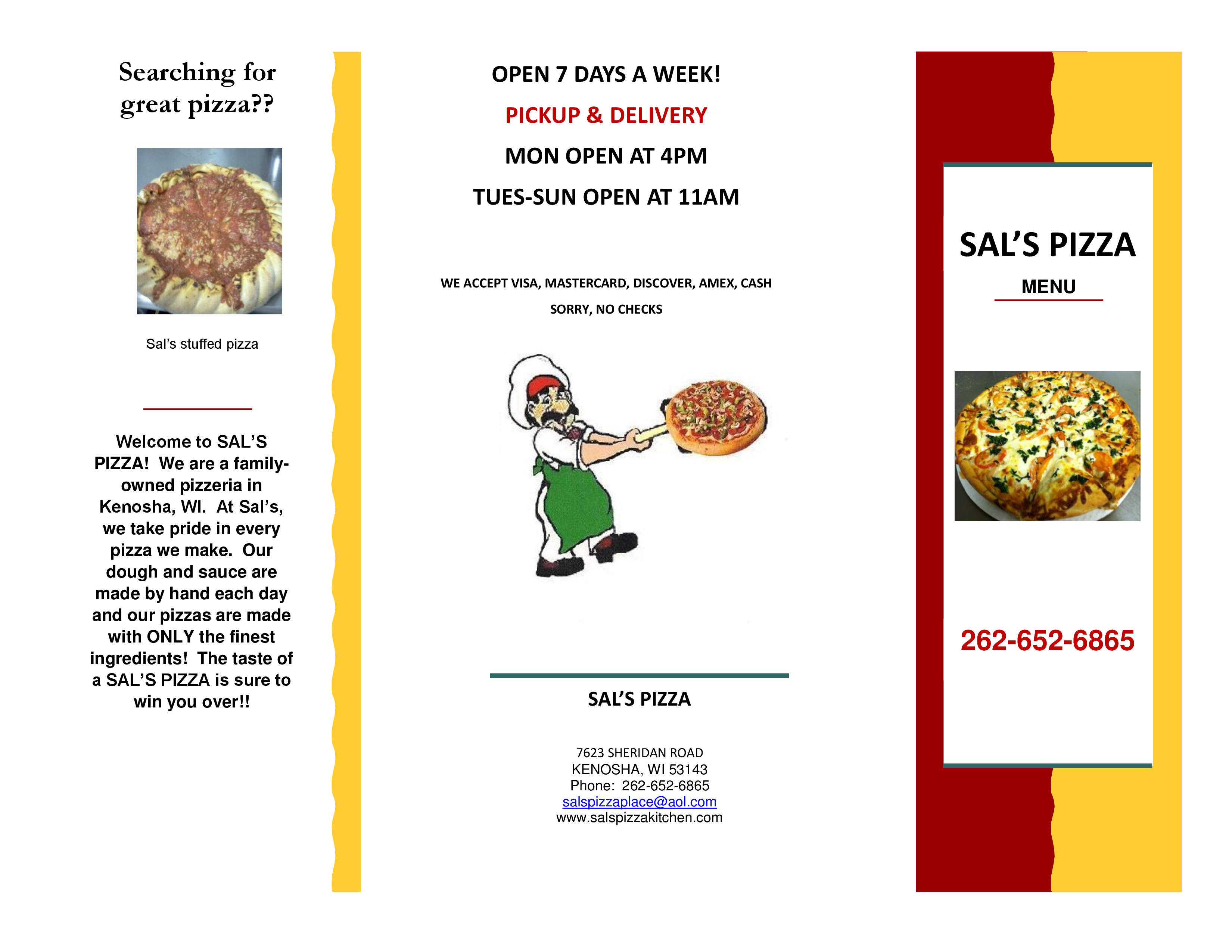 Menu at Sal's Pizza pizzeria, Kenosha