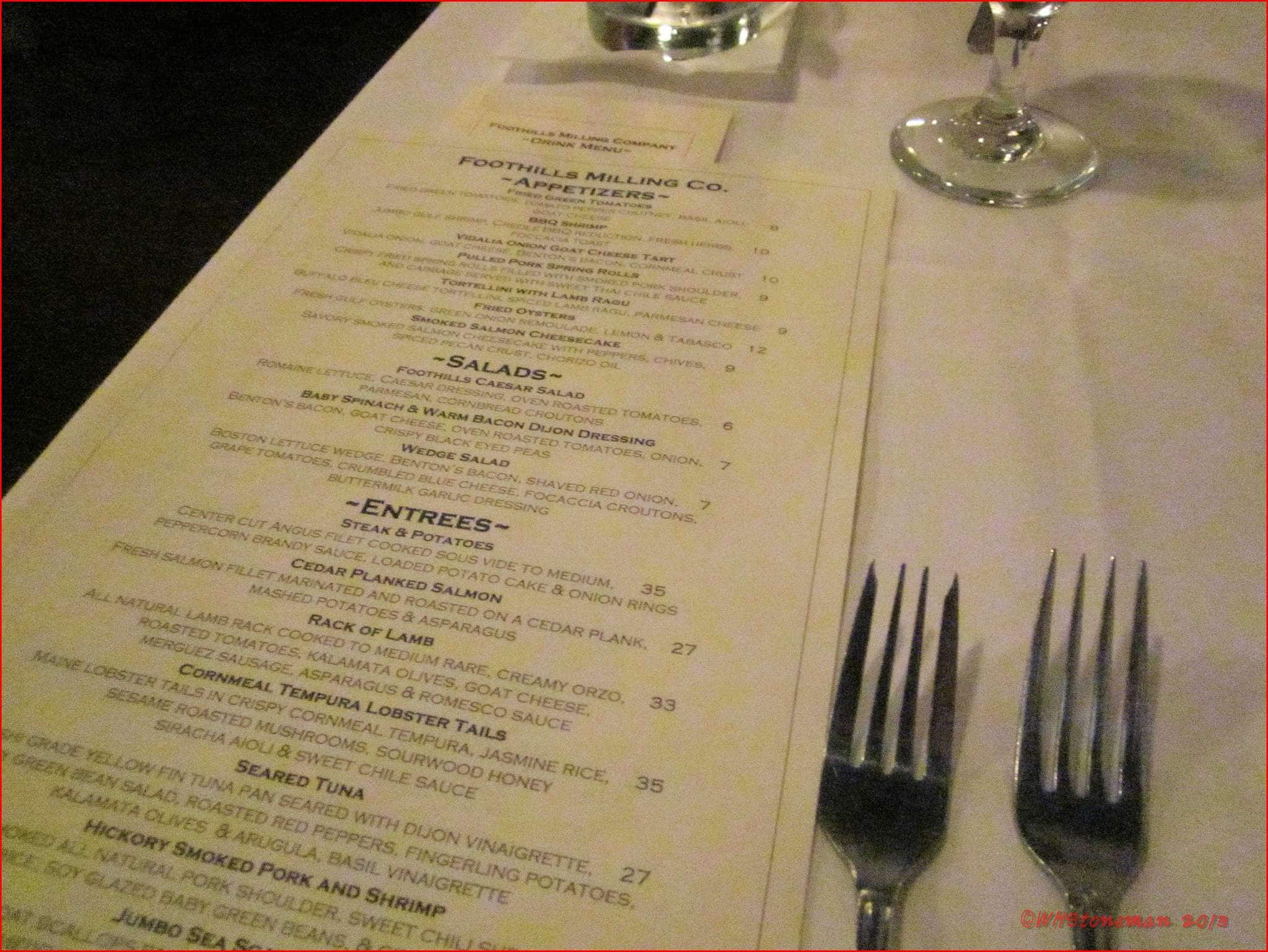 Menu at Foothills Milling Co restaurant, Maryville