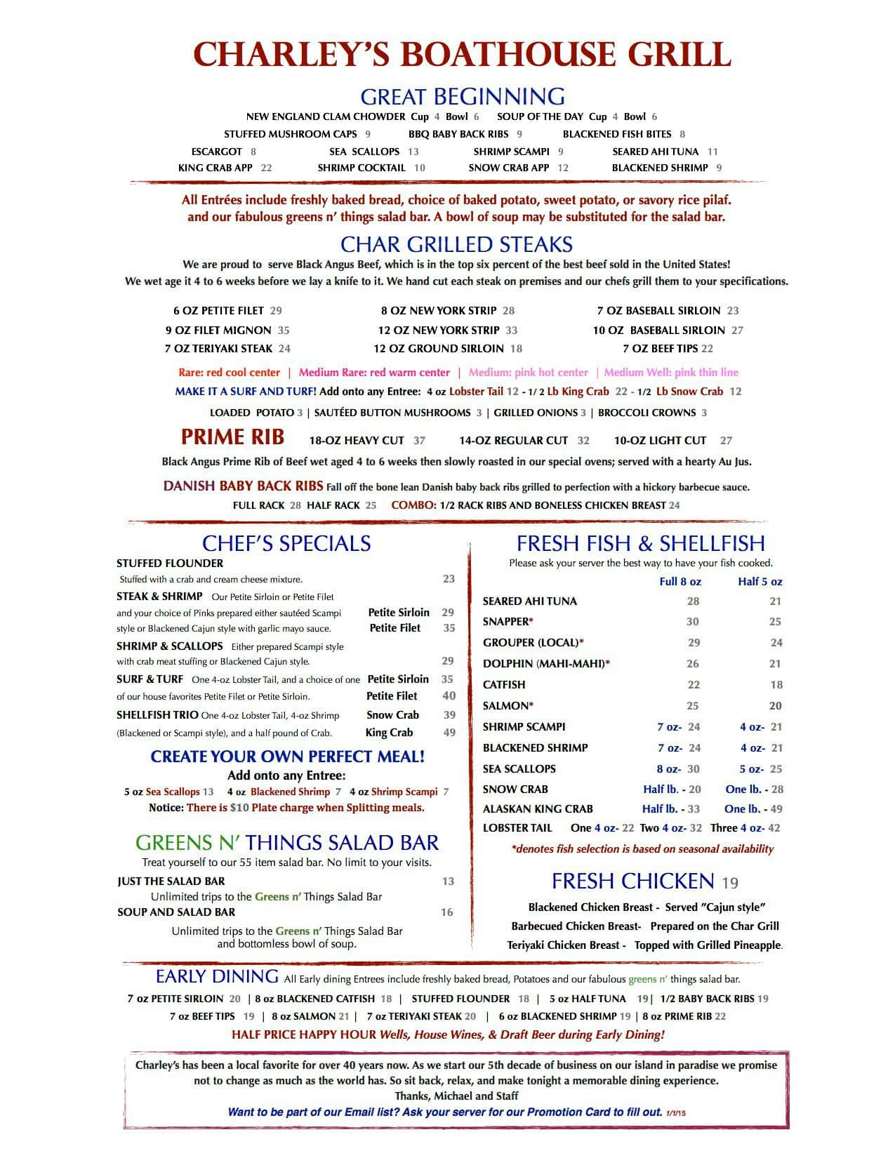 Menu at Charley's Boat House steakhouse, Fort Myers Beach