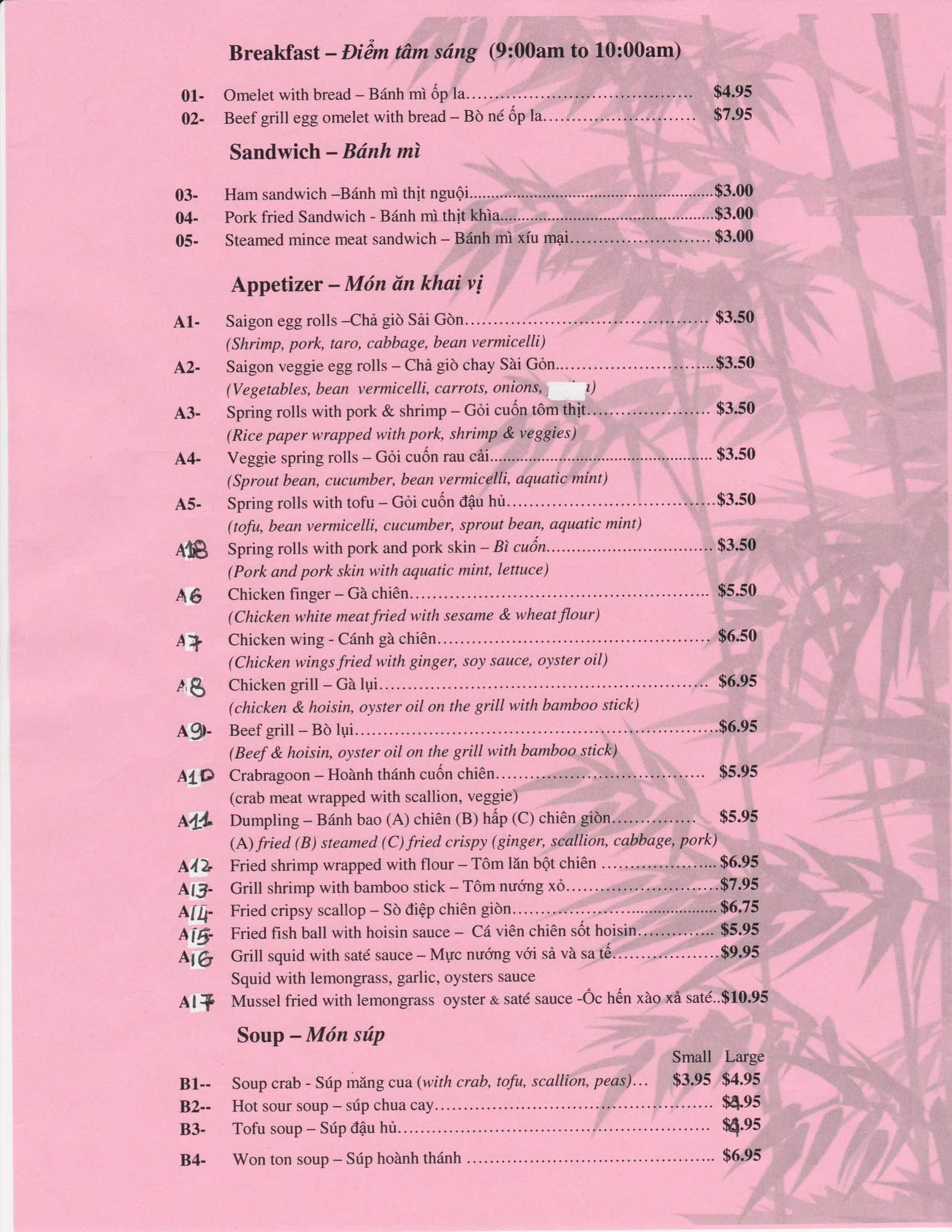 Menu at Saigon Restaurant, Portland