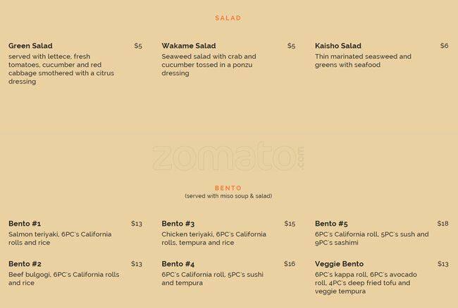 Menu at Kori Sushi Restaurant, Toronto, Bayview Ave