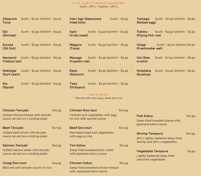 Menu at Kori Sushi Restaurant, Toronto, Bayview Ave