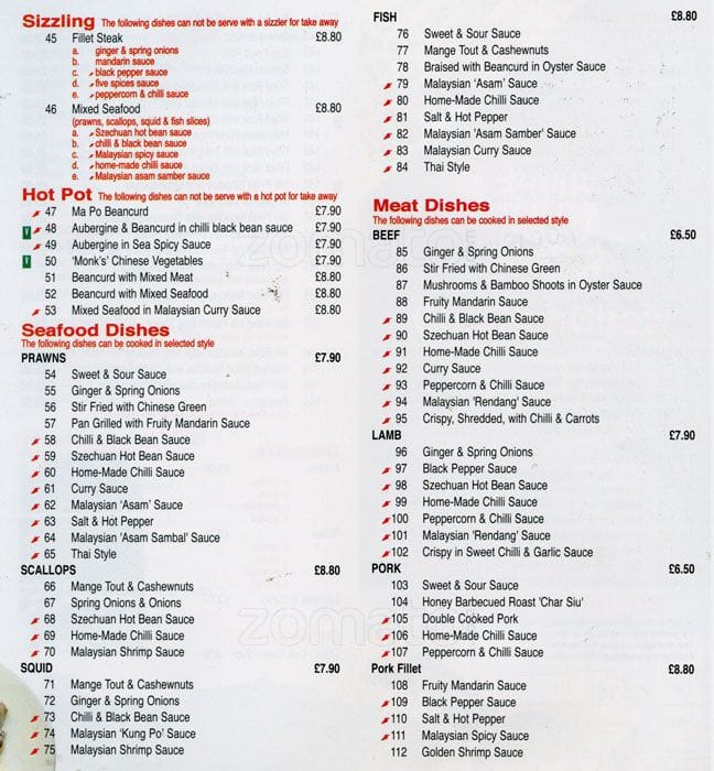 Menu at Chu Chin Chow restaurant, New Barnet, 7 Cat Hill
