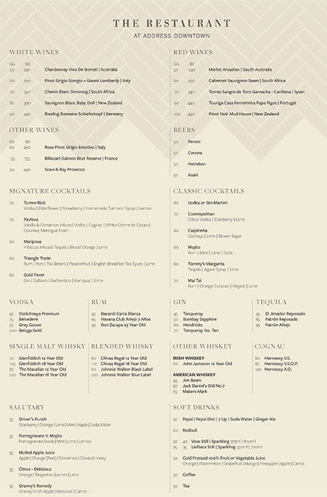 Menu at Lounge at Address Downtown restaurant, Dubai