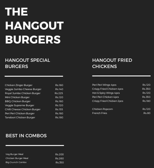 Menu of The Hangout Burgers, HSR, Bangalore