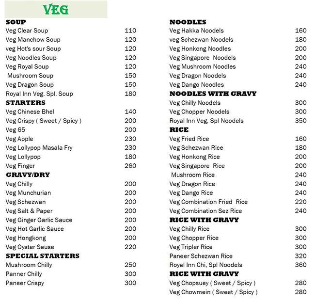 Menu of Royal Inn Restaurant, Vasai, Mumbai