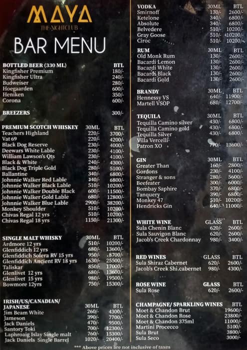 Menu of Maya Nightclub, Baga, Goa