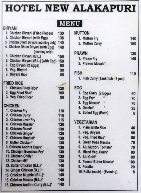 Menu at Hotel New Alakapuri, Visakhapatnam