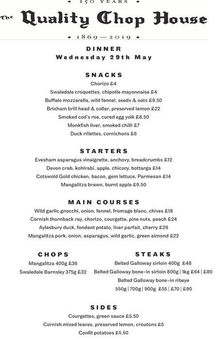 Menu at The Quality Chop House pub & bar, London