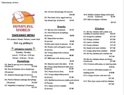 Menu at Dumpling World restaurant, Lower Hutt