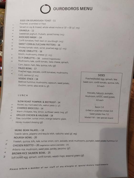 Menu at Ouroboros Wholefoods Cafe, Surry Hills