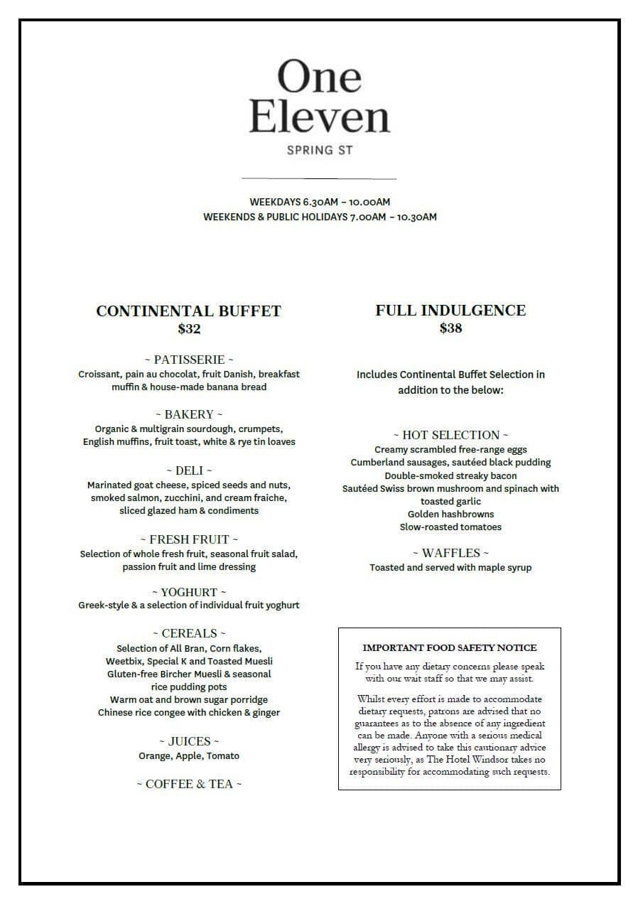 One Eleven Menu, Menu for One Eleven, Spring Street, CBD, Melbourne ...