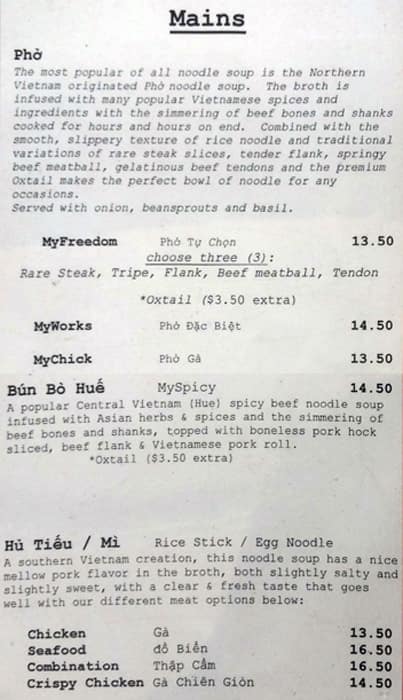 Menu at My Pho Bar, Jindalee