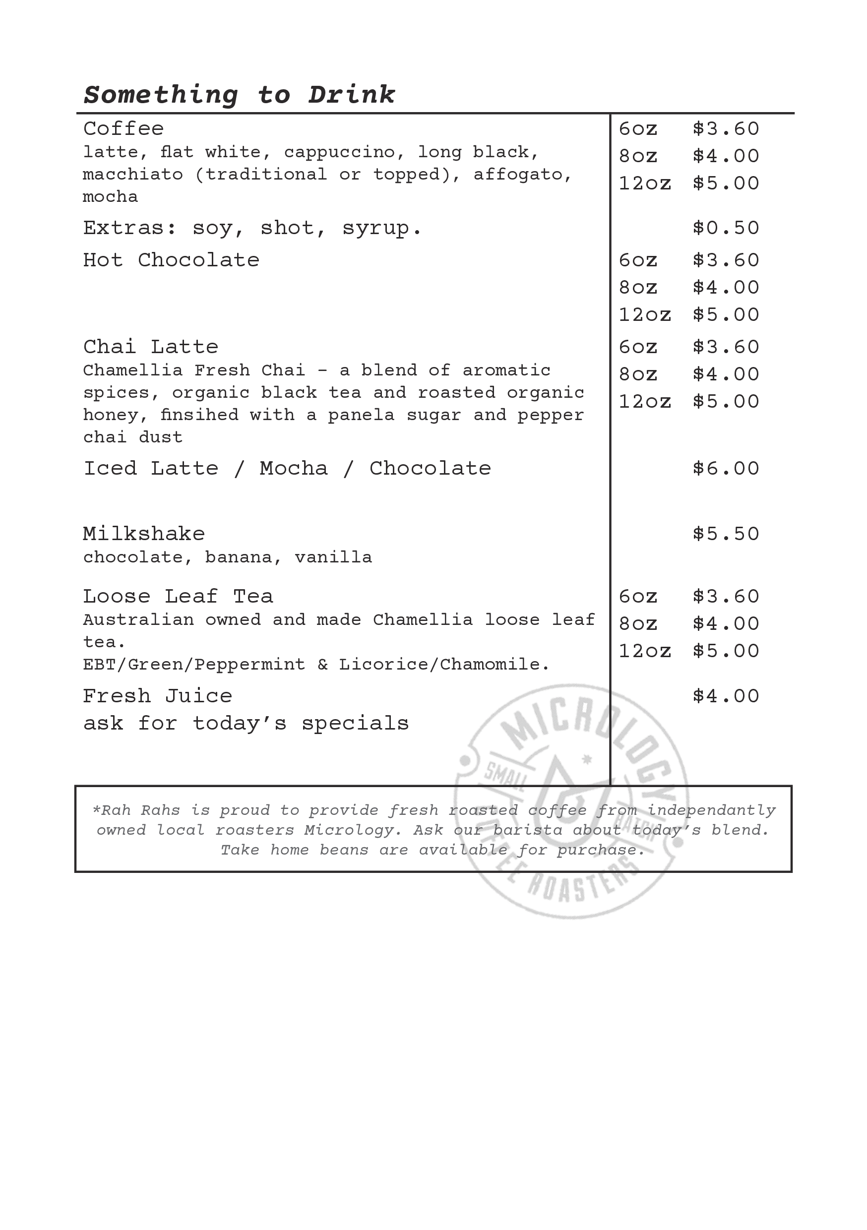 Menu at Rah Rahs cafe, Samson