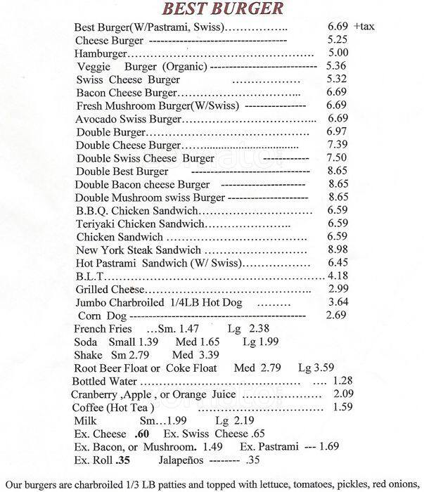 Menu at Best Burgers restaurant, Concord