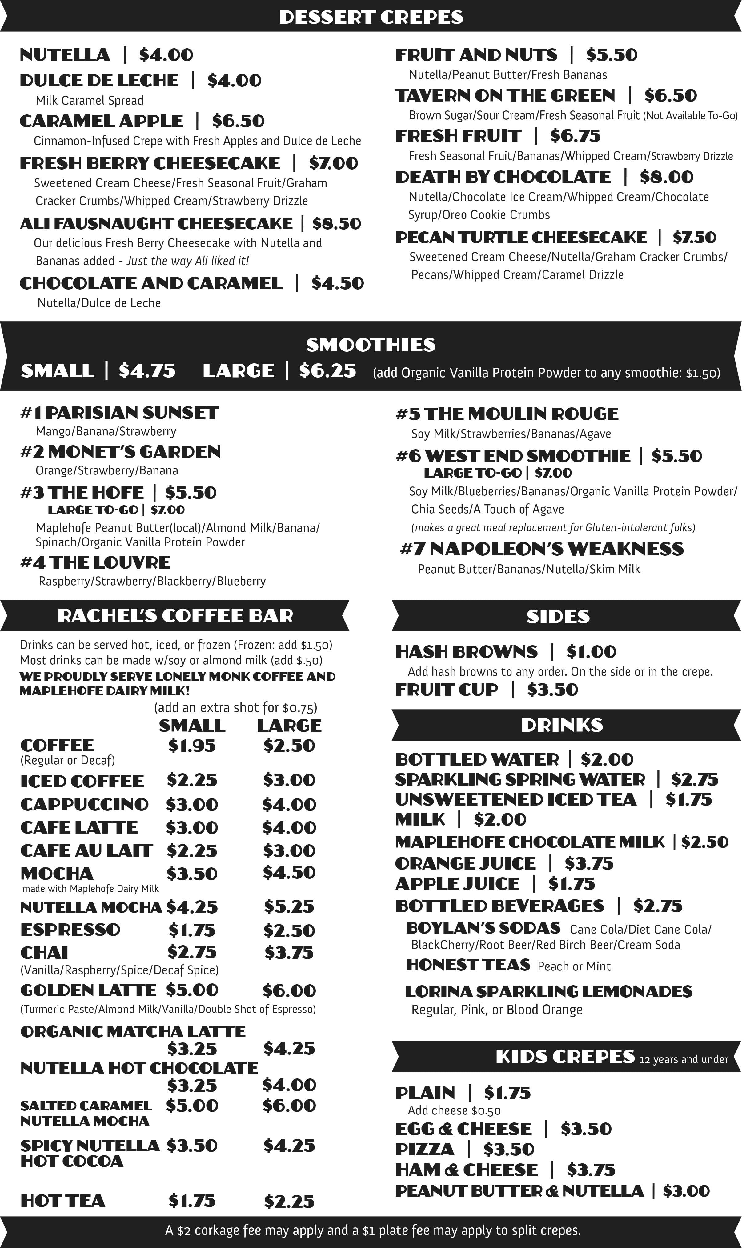 Menu at Rachel's Cafe & Creperie, Lancaster, 201 W Walnut St